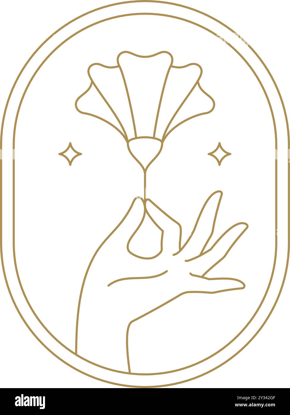 Gentle woman hand with buttercup in golden ellipse frame line art icon ...