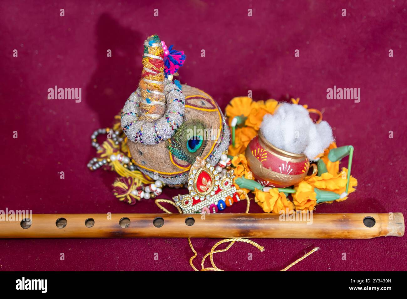 hindu god krishna holy peacock feather and flute indoor shot from ...