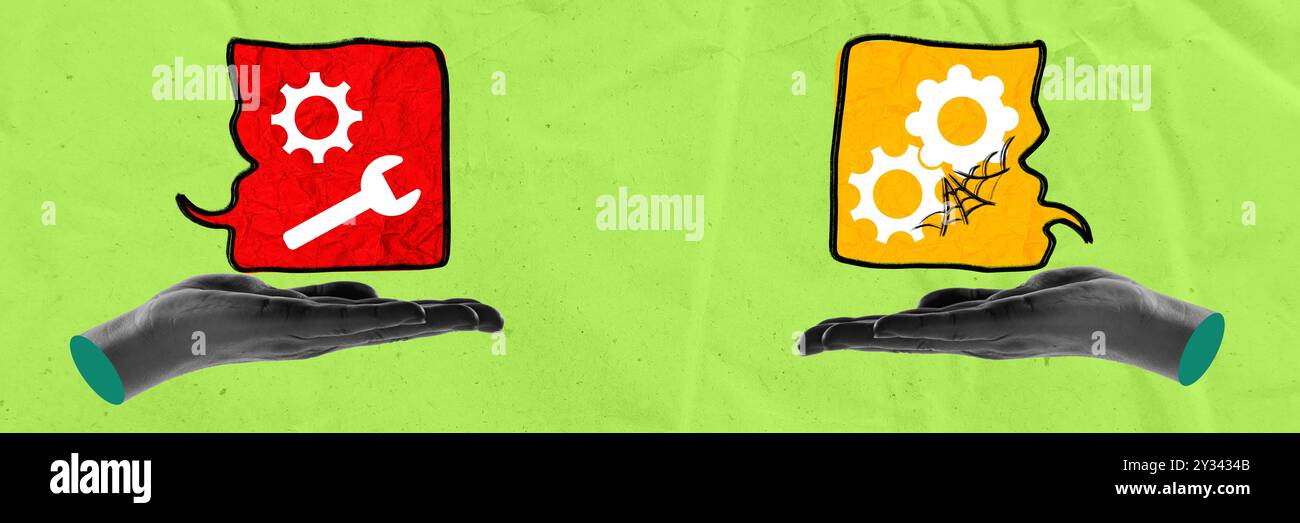 Two hands holding contrasting symbols with tools and gears. Choice ...