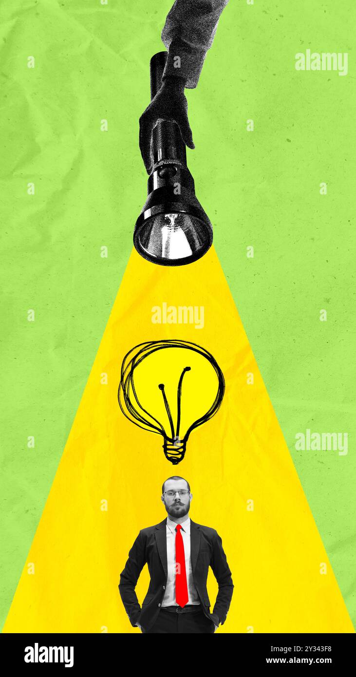 Spotlight shining on businessman with lightbulb overhead, illustrating ...
