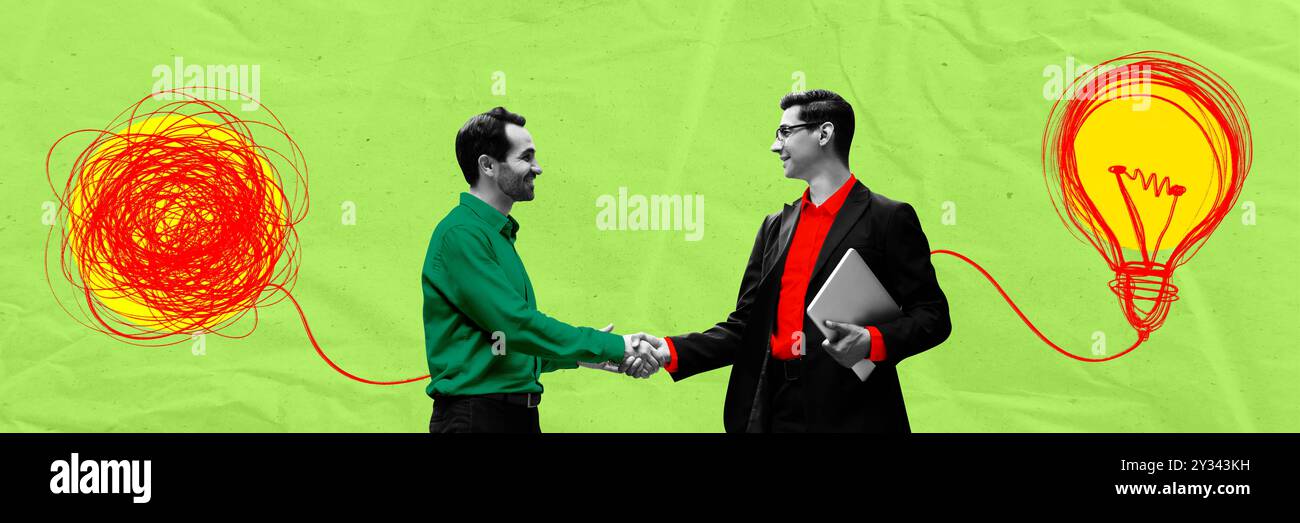 Two businessmen exchange ideas, starting with confusion and ending in ...