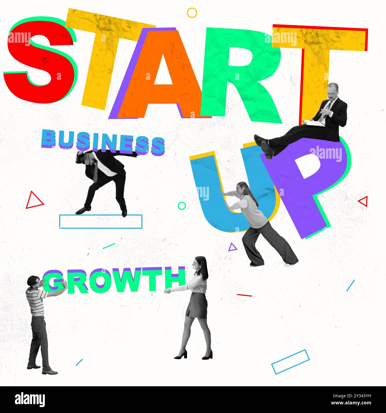 Poster. Contemporary art collage. People lift and support letters ...