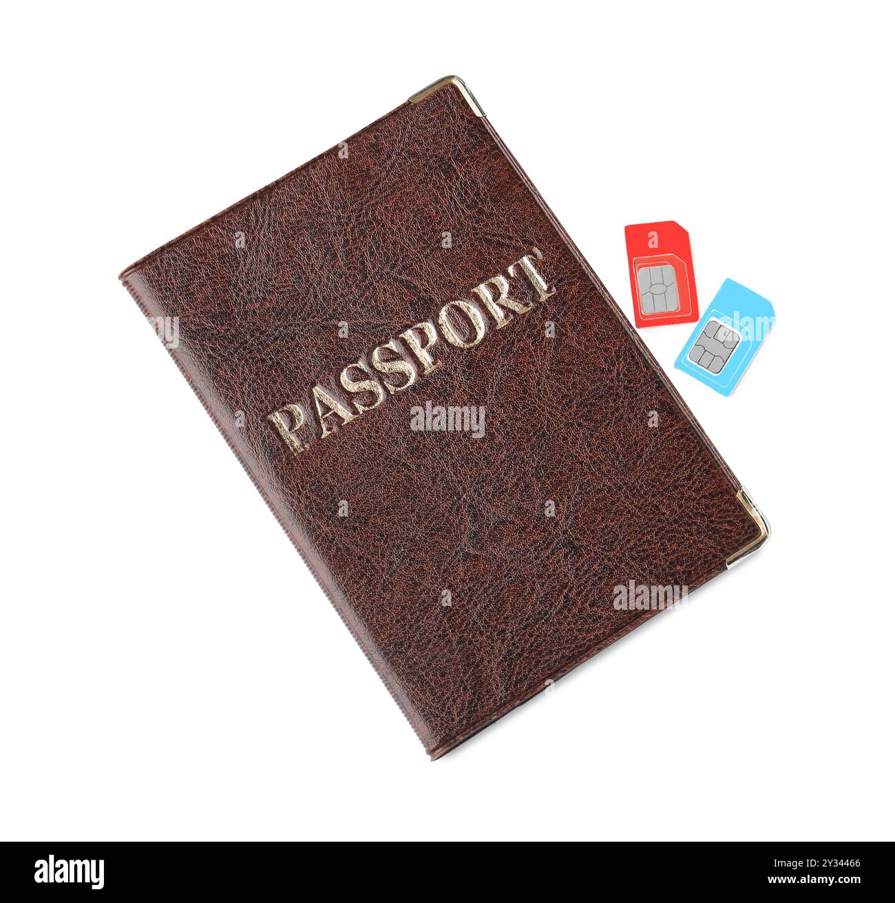 Passport and SIM cards isolated on white, top view Stock Photo - Alamy