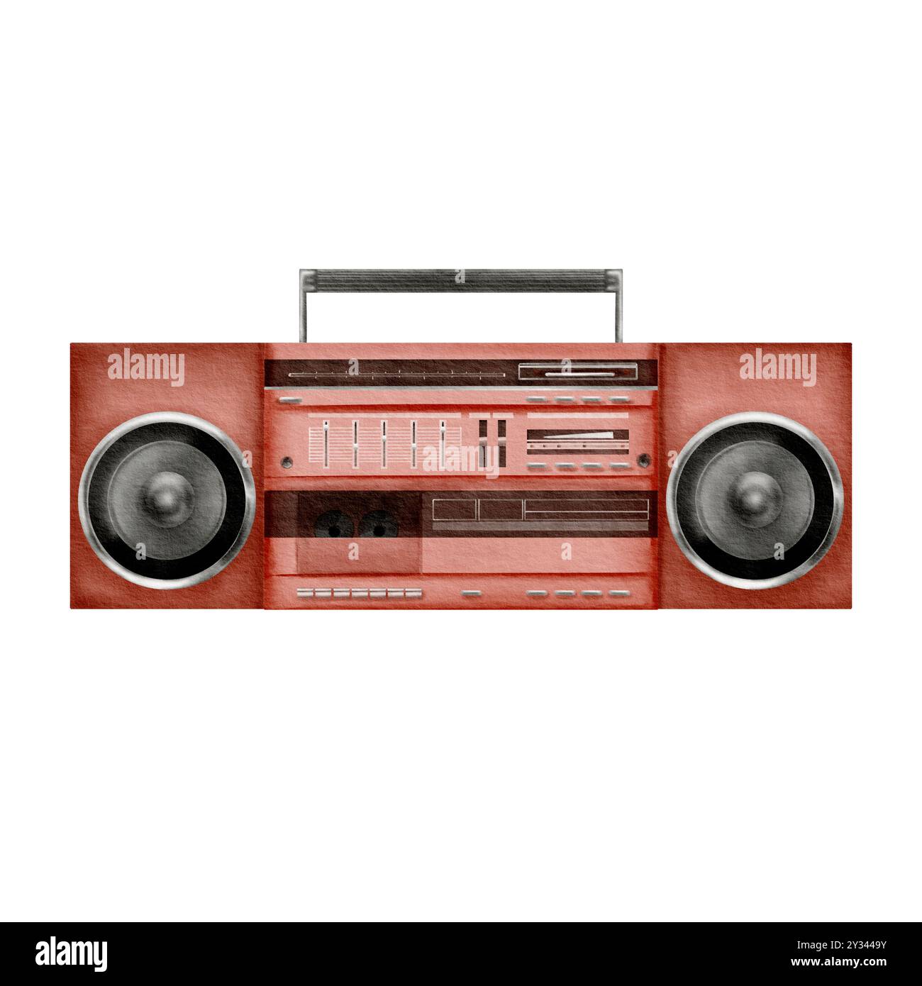 Portable 80's, 90's style retro cassette recorder in red color with ...