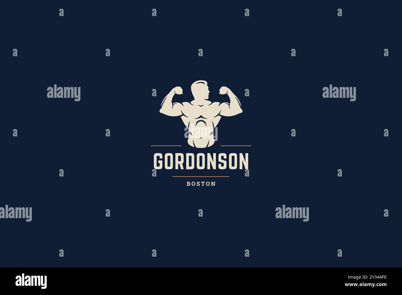 Strong man athlete with bicep muscle retro logo design template for gym ...