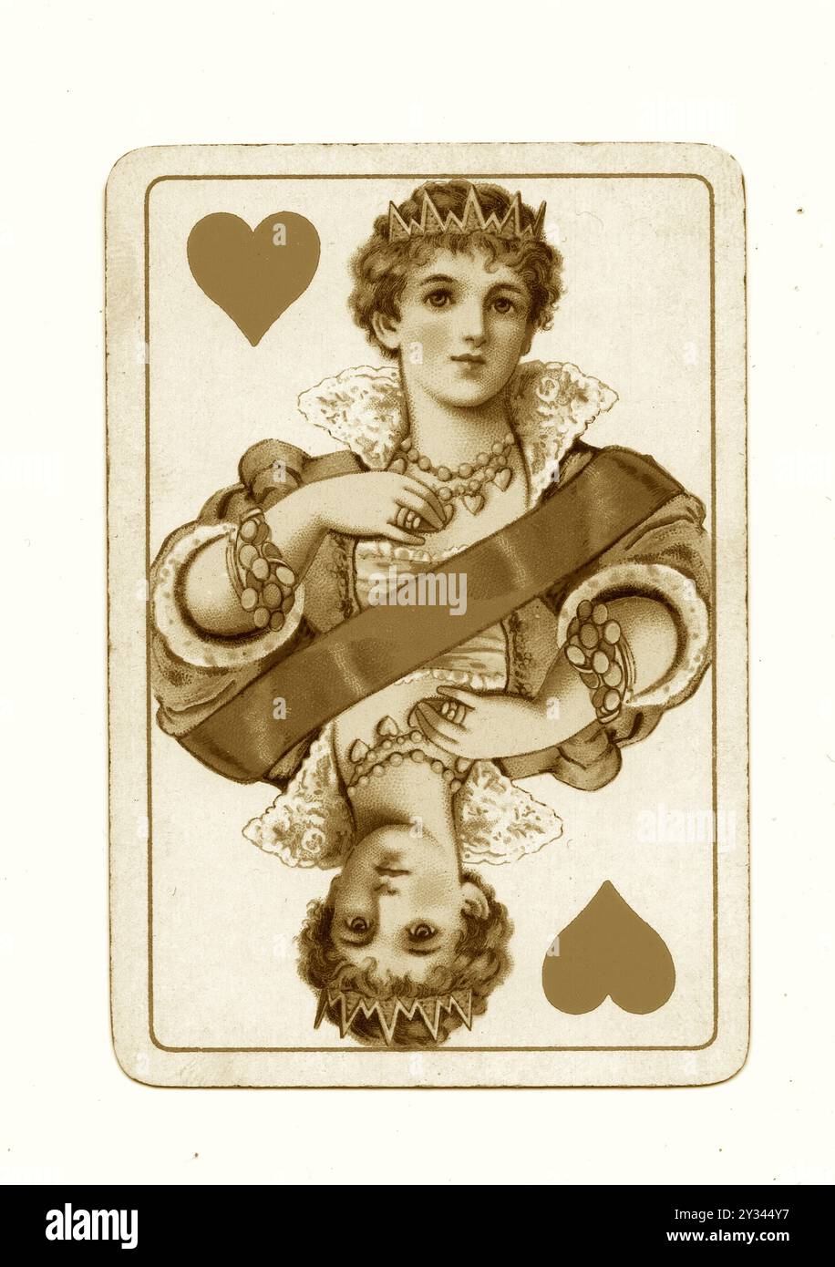 A vintage queen of hearts playing card in sepia on a pale cream ...