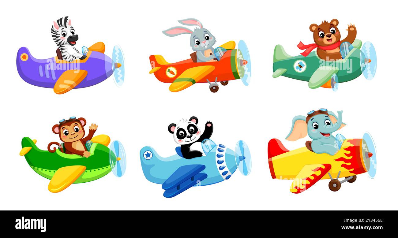 Cartoon animals on planes. Cute vector zebra, rabbit, bear and monkey ...