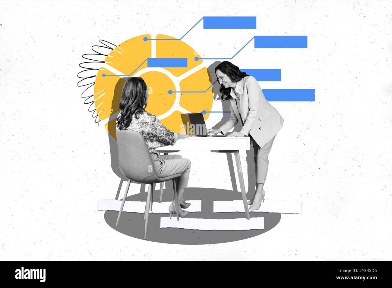 Composite photo collage of two happy old girls colleagues job interview ...