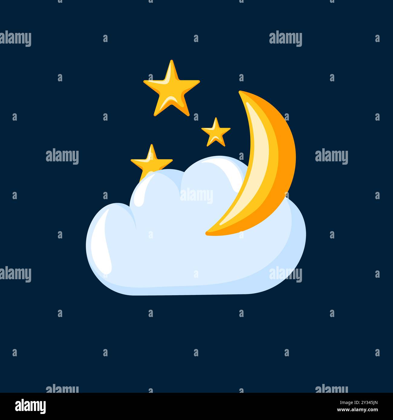 Night weather icon with cloud, crescent moon and shining stars in ...