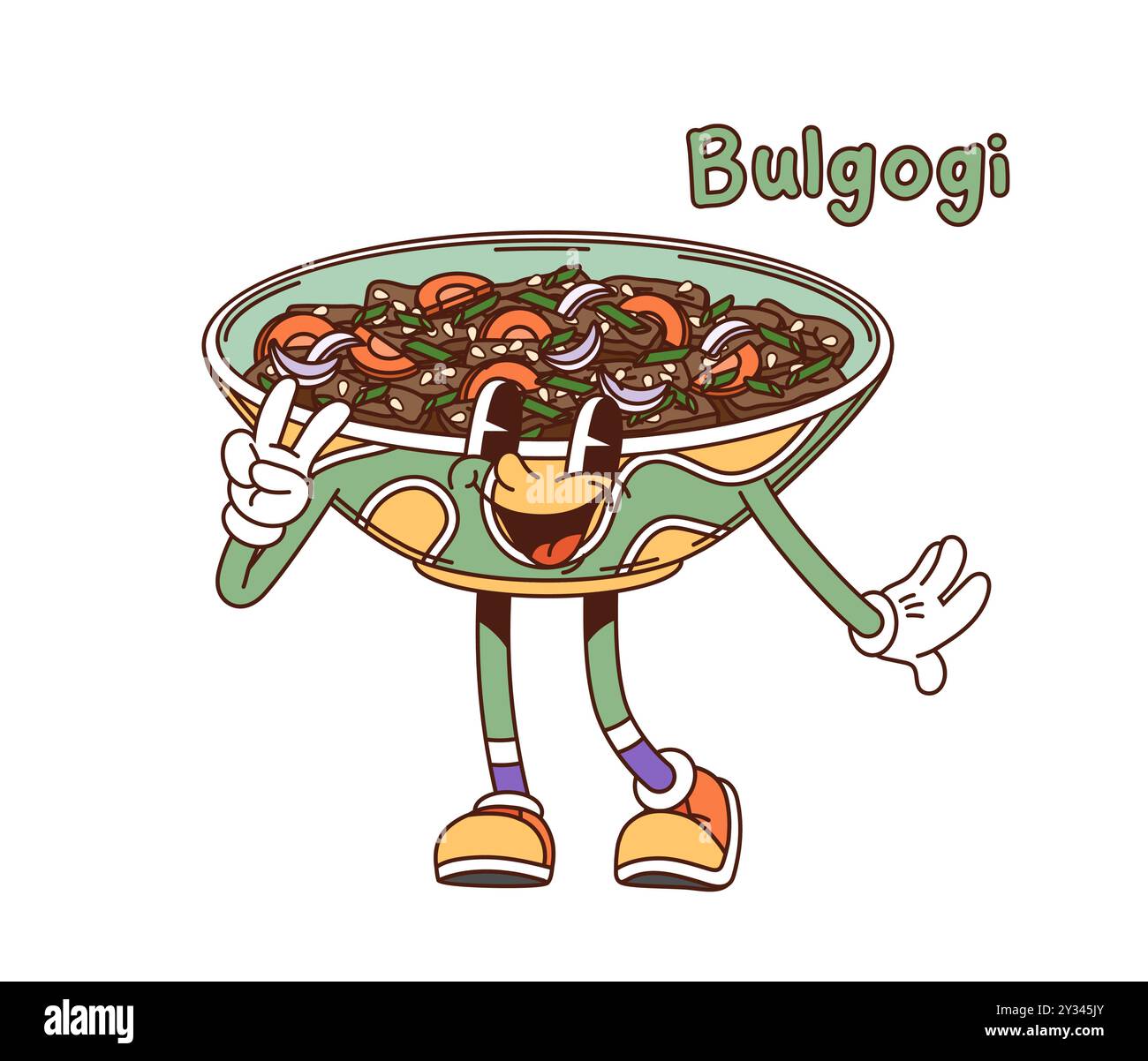 Cartoon groovy Korean bulgogi character. Isolated vector bowl, joyful ...