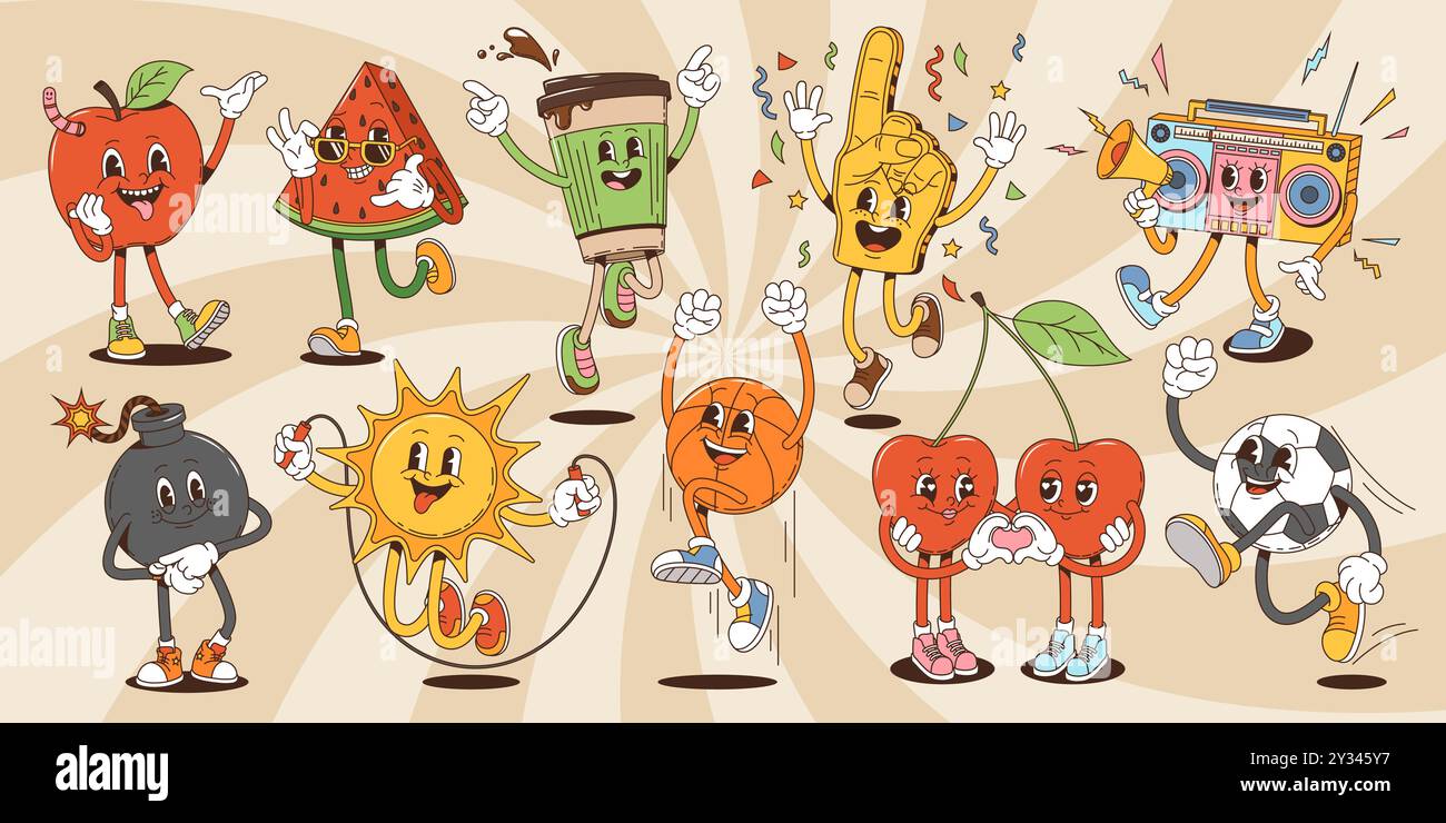 Cartoon groovy characters, cherry twins, watermelon and bomb, red apple ...