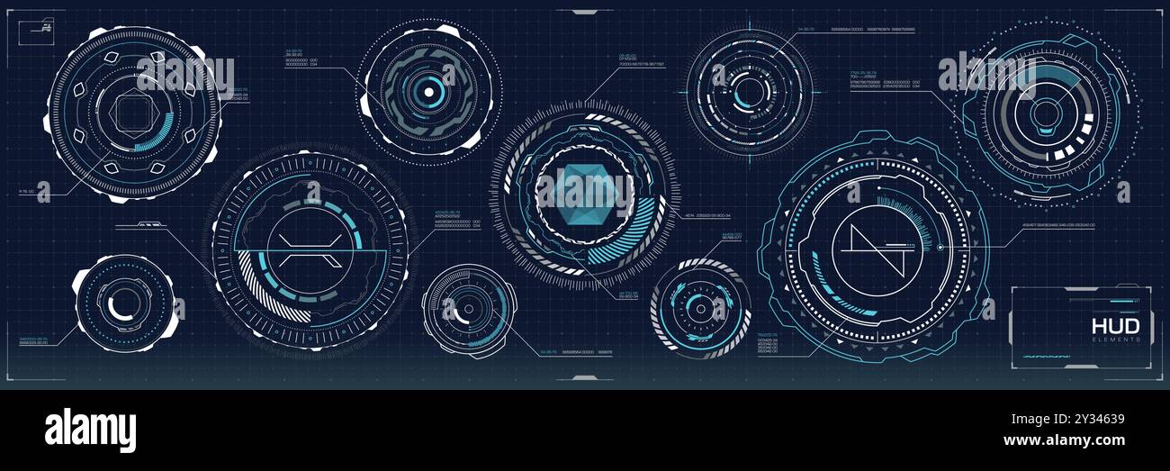 Futuristic digital HUD elements and cyber technology UI interface, vector elements. HUD round ...