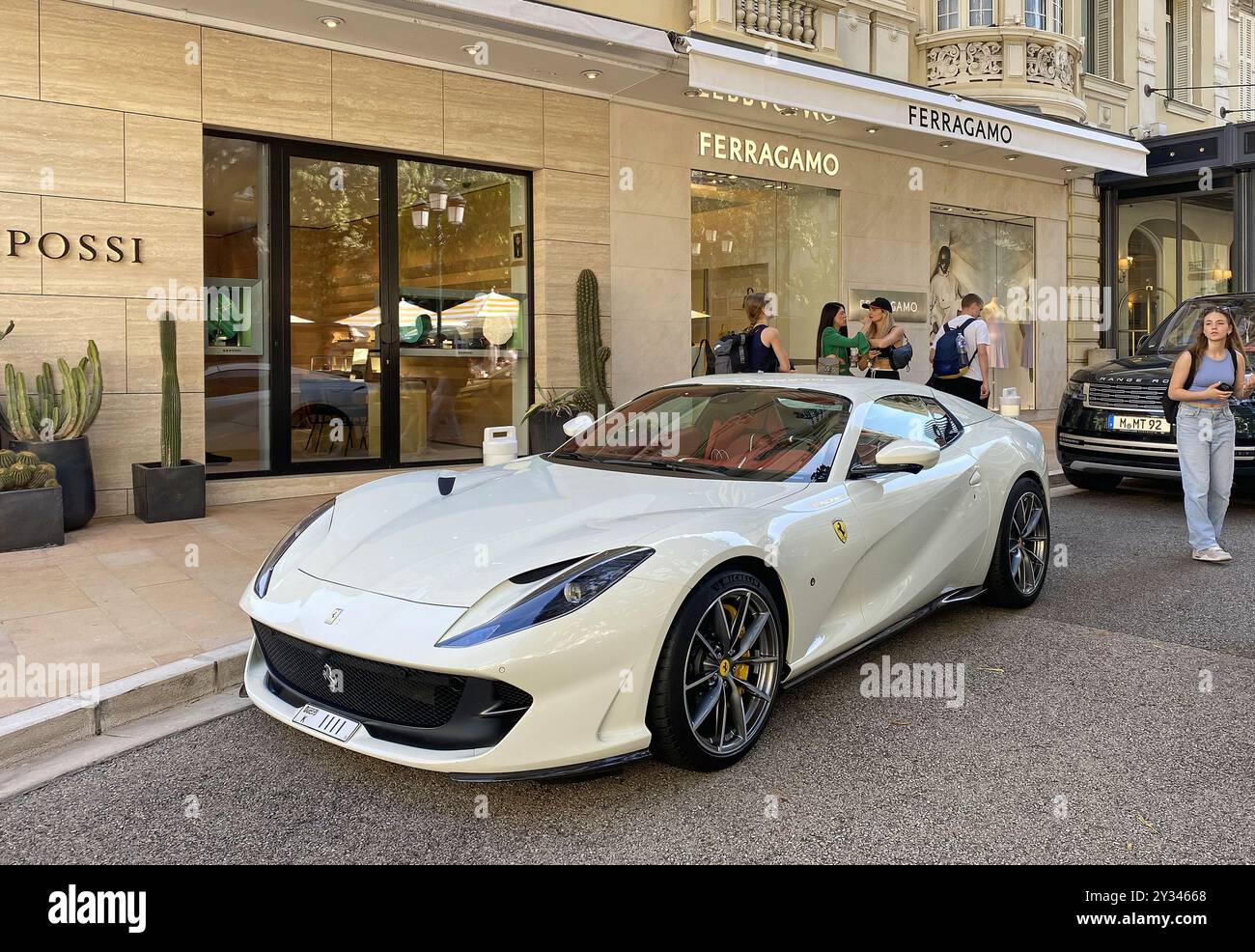 Ferrari supercars parked outside the Hermitage Hotel in the centre of ...