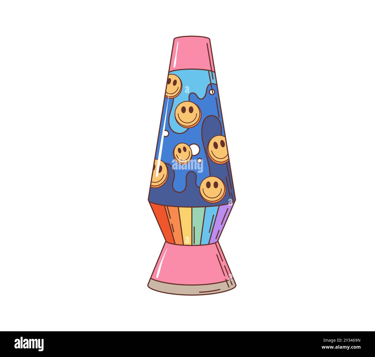 Retro groovy hippie lava lamp with smiles emoji and rainbow, vector 70s ...