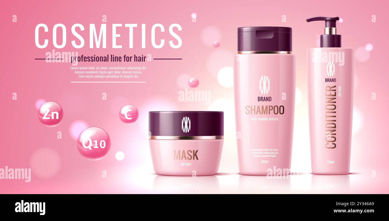 Hair cosmetic product templates. Shampoo, conditioner and mask packages ...
