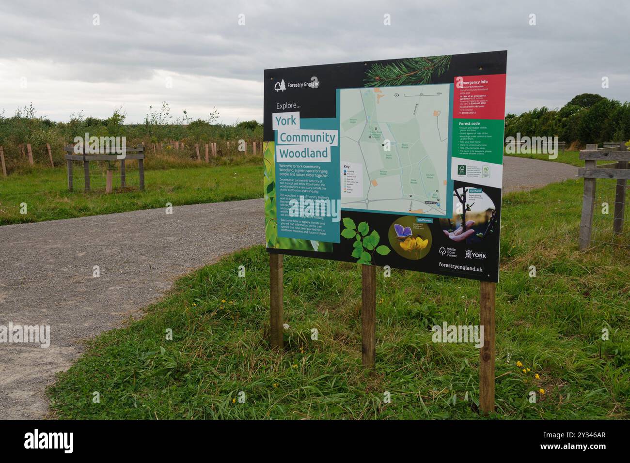 The sign notice with map and guide at York Community Woodland, between ...