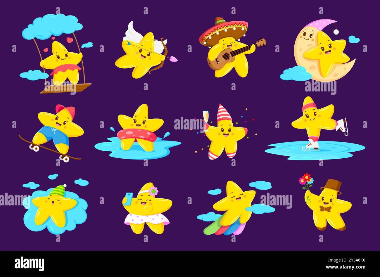 Cartoon kawaii twinkle star characters, funny cute starlet vector ...