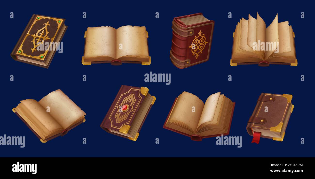 Medieval game book icons, ancient magic spellbook and fantasy ...