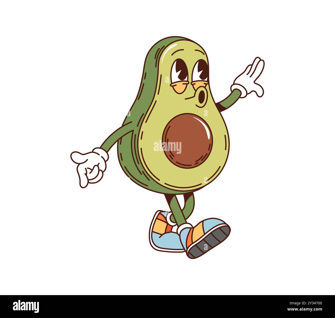 Retro groovy avocado for breakfast funky character with funny face ...