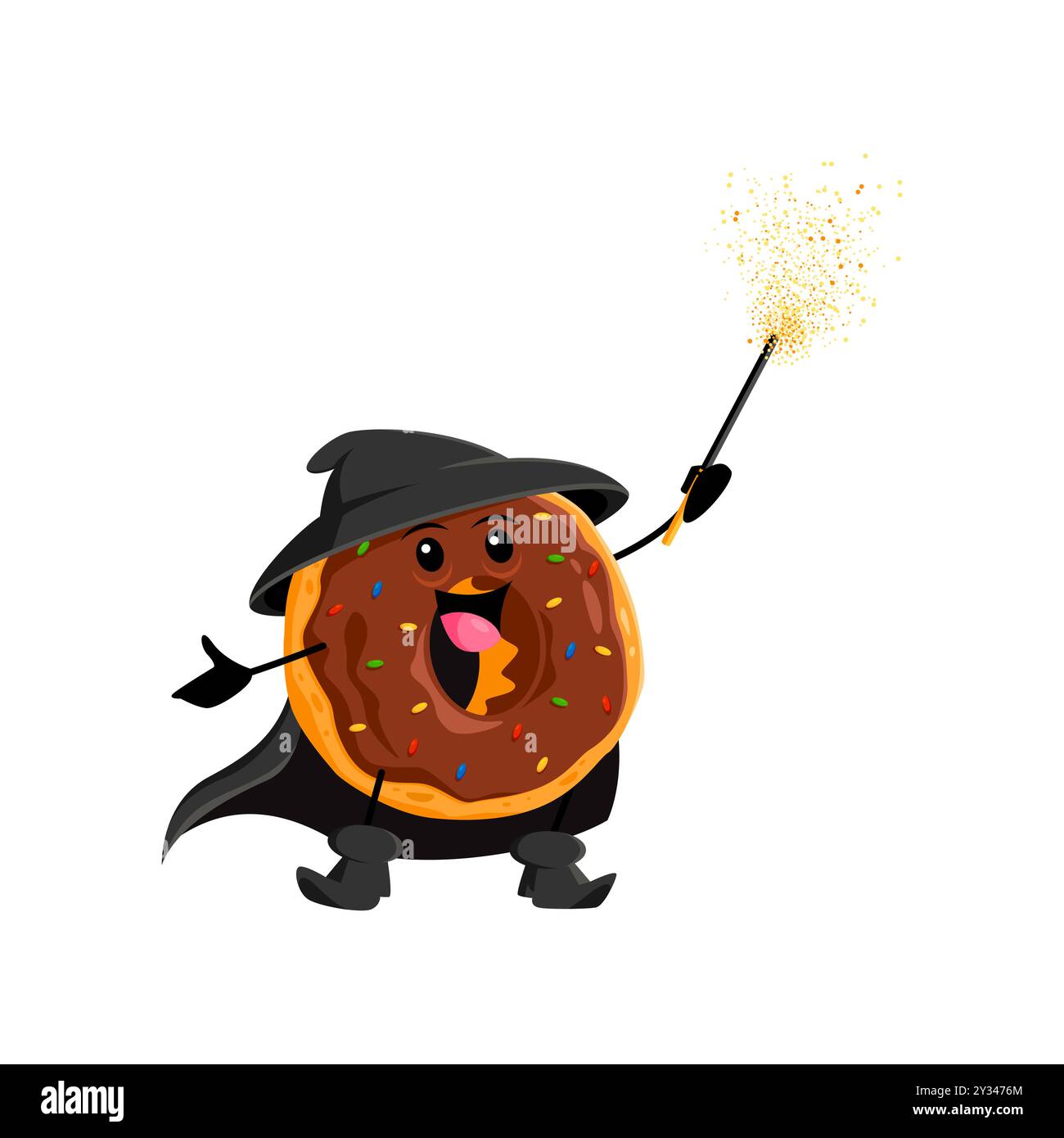 Cartoon Halloween donut fast food mage, wizard and witch character. Isolated vector whimsical ...