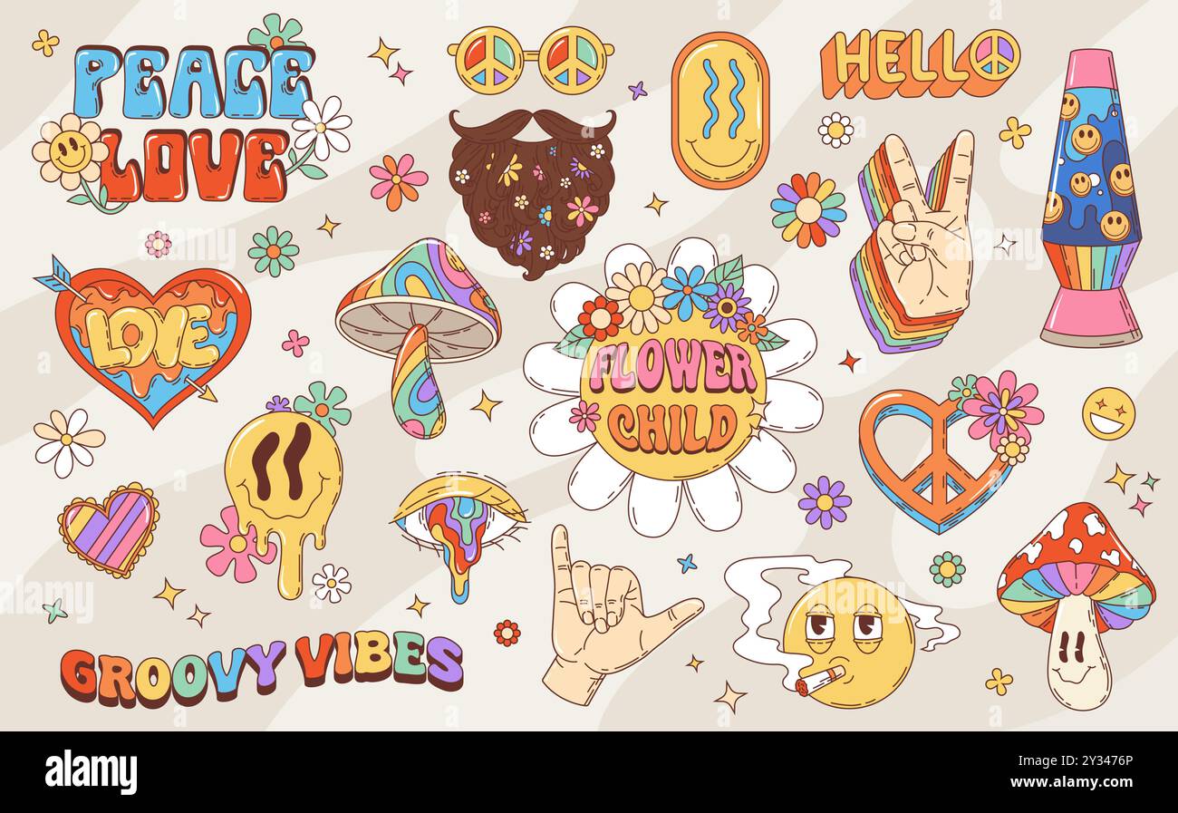 Retro groovy hippie symbols of vector flowers, vintage smoking emoji and melting face emoticon ...
