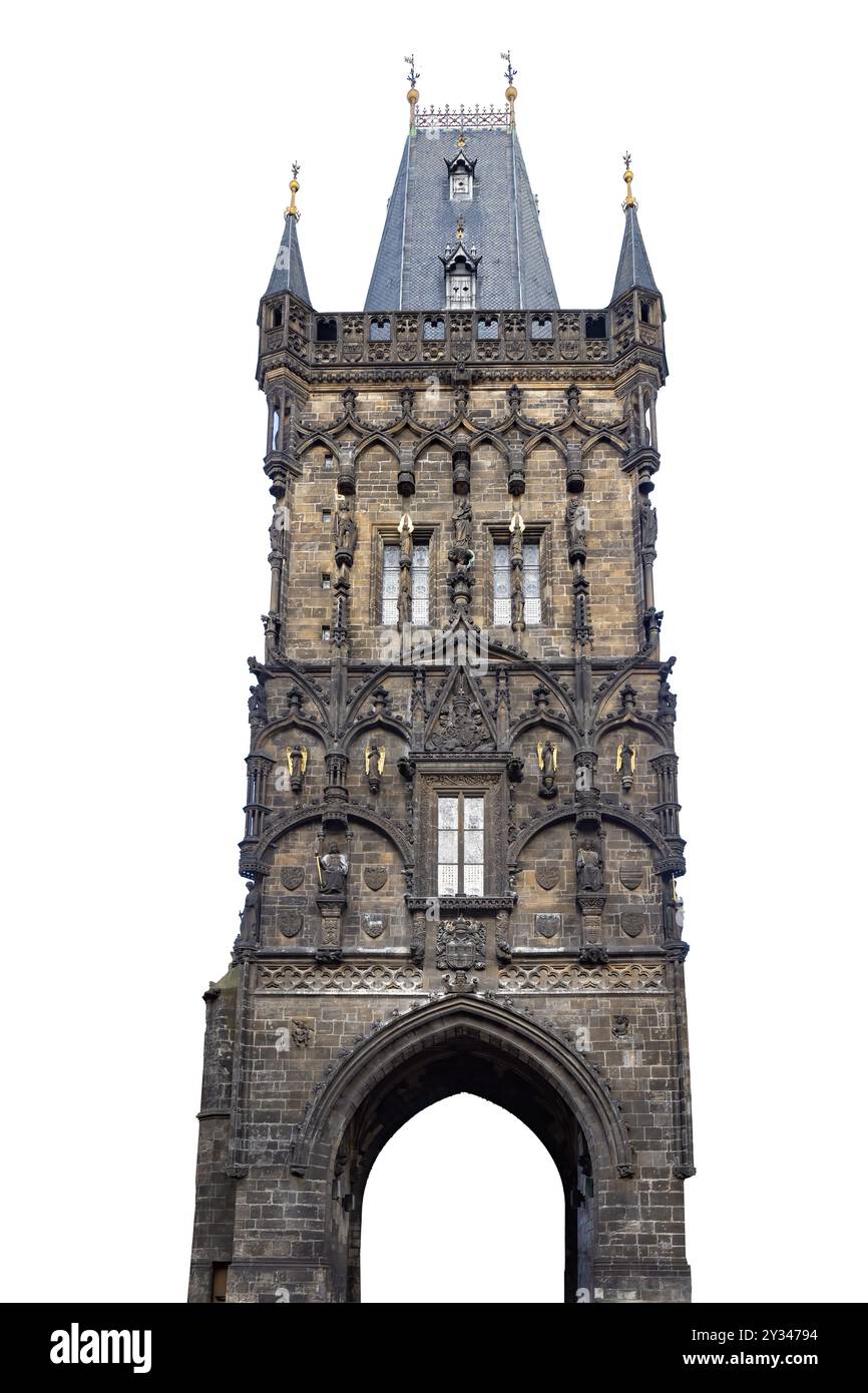The Powder Tower or Powder Gate is a Gothic tower in Prague, Czech Republic, isolated on white ...