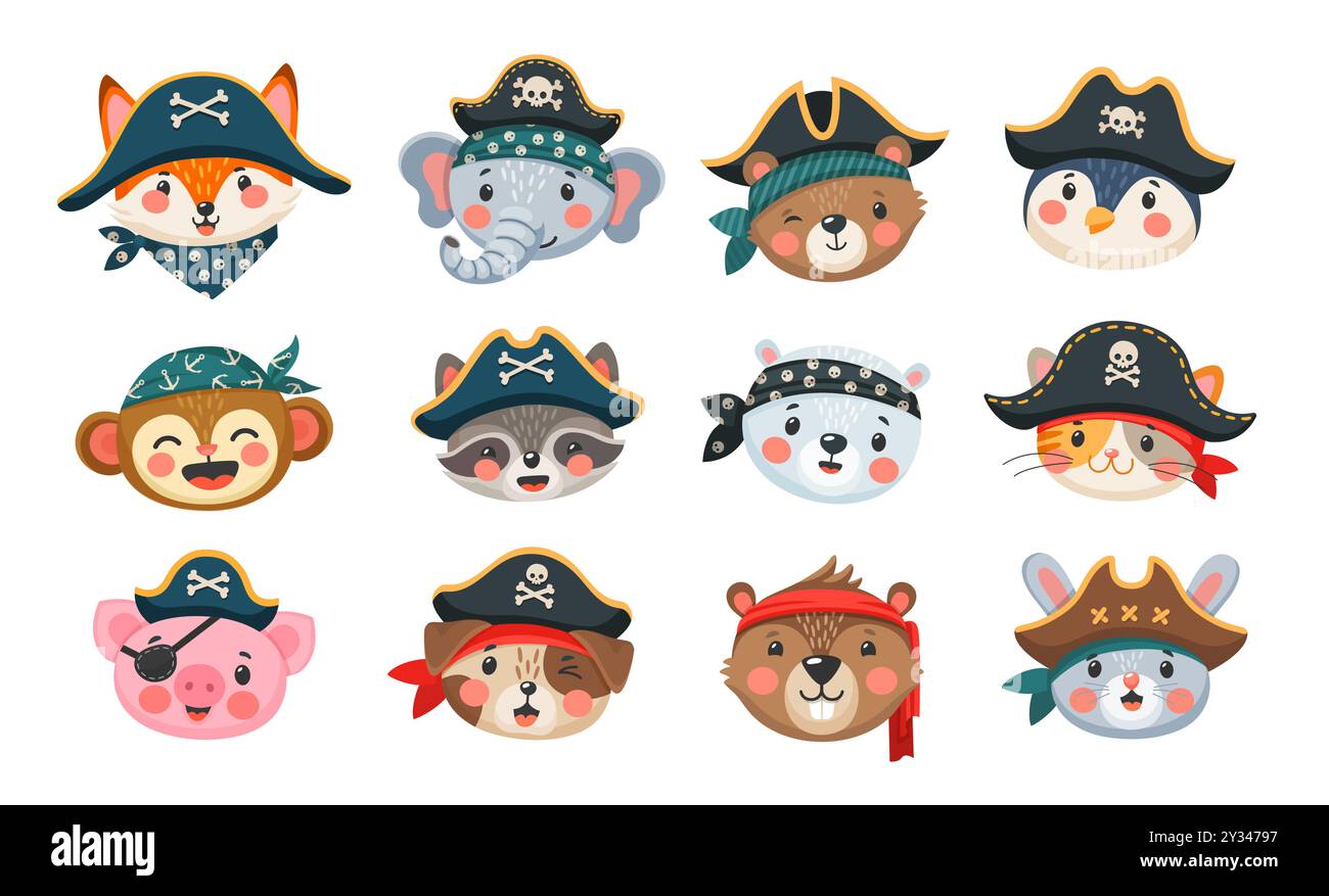 Cartoon animal pirates and corsairs. Sailor, captain, skipper and ...