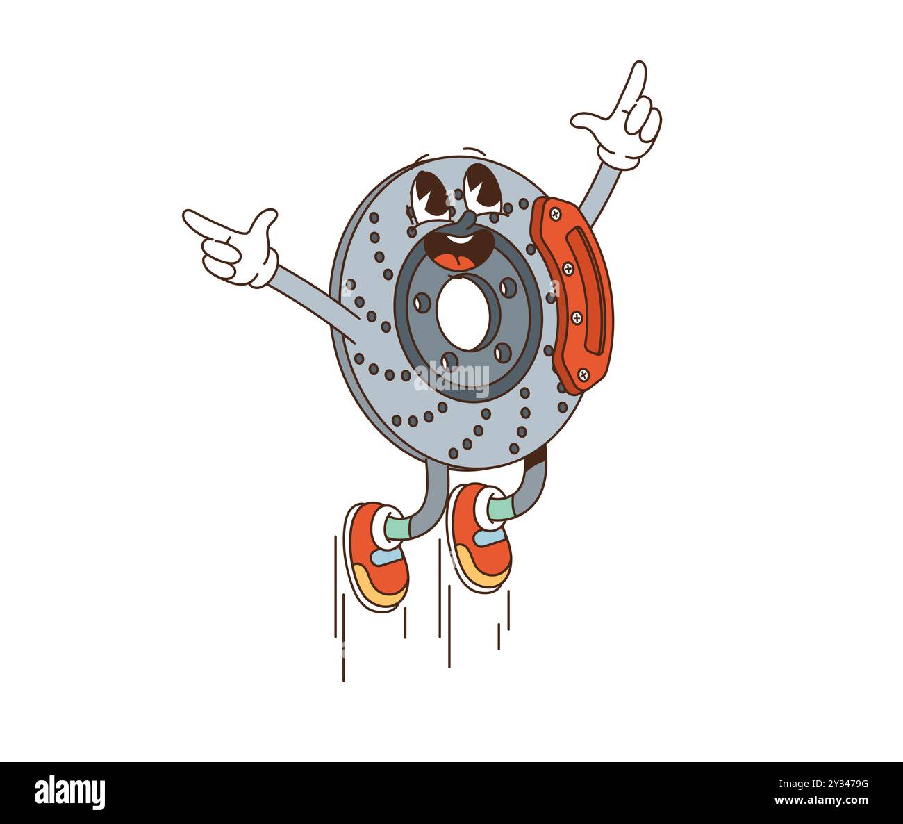 Retro groovy car break disk character jumping with raised arms, trendy ...