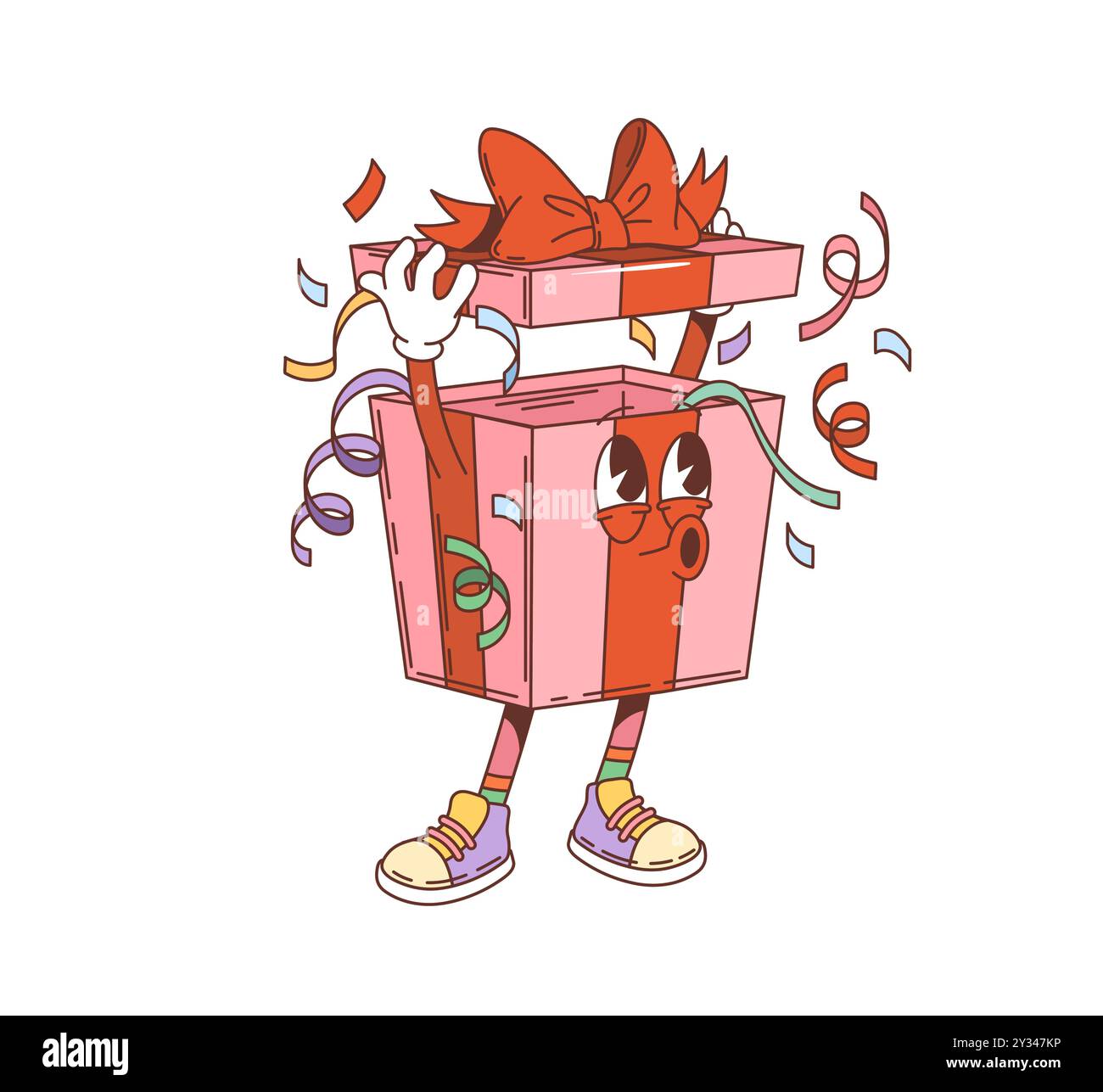 Retro groovy gift box character with confetti surprise, vector comic ...