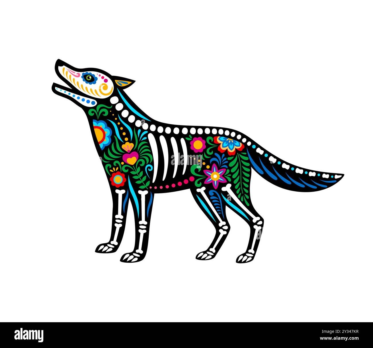 Day of the dead Mexican coyote animal skeleton tattoo, sugar skull ...