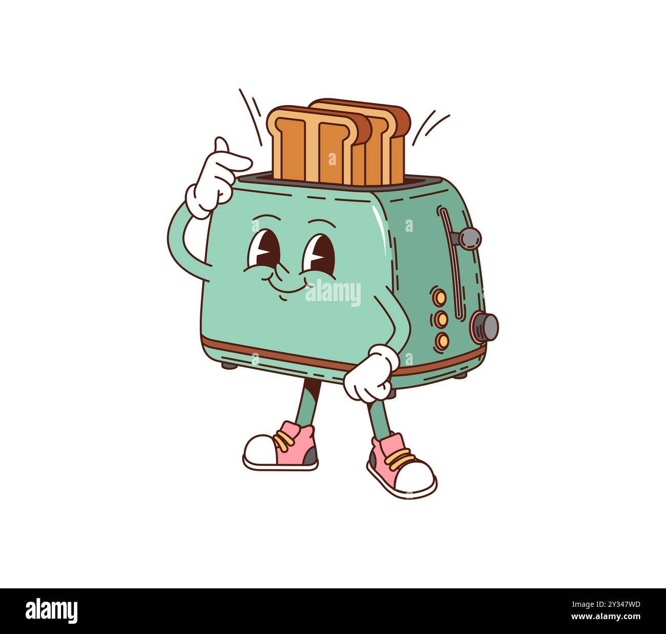 Cartoon toaster retro groovy breakfast character with a smiling face ...