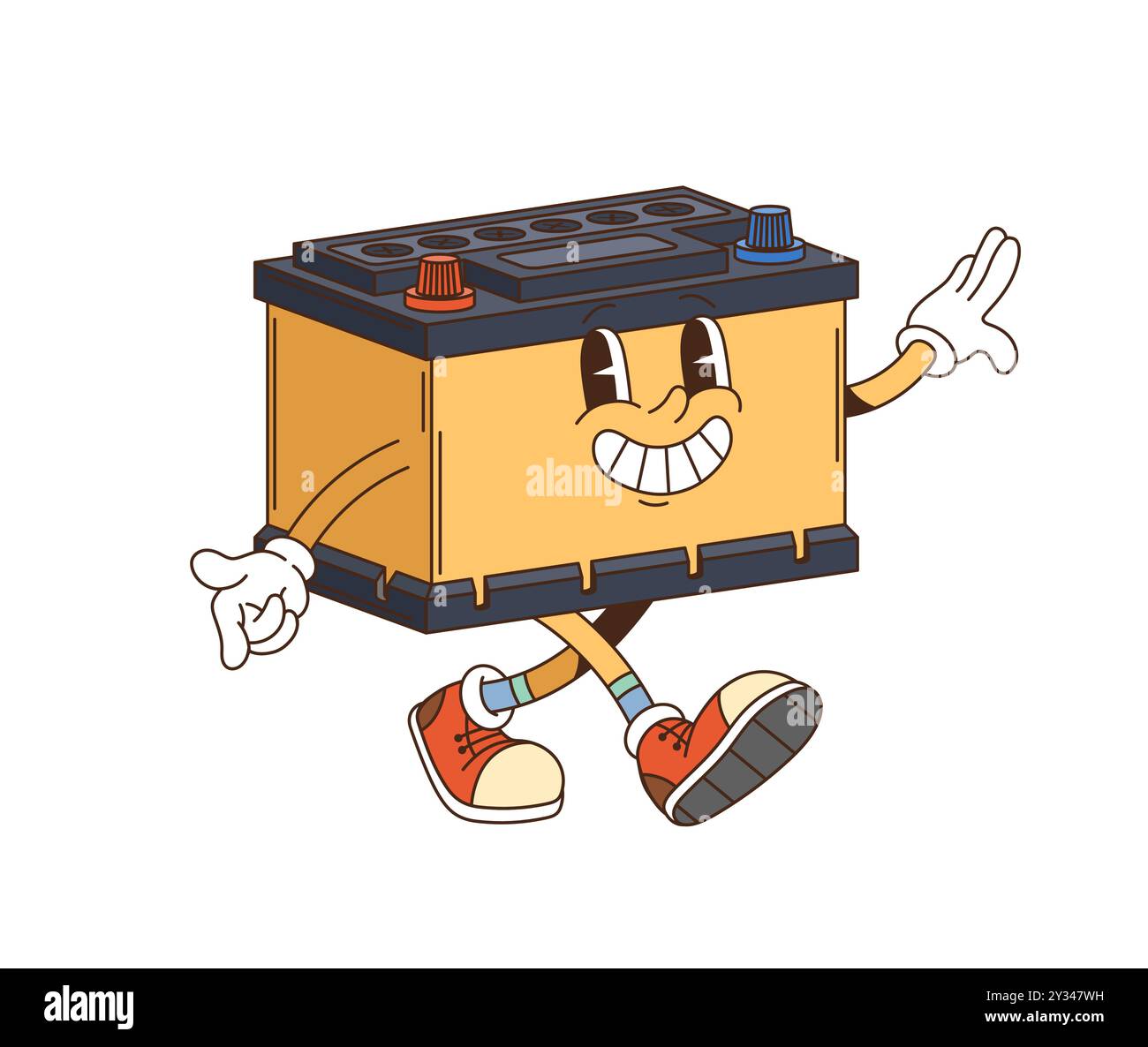 Retro groovy car battery character exuding cheerful nostalgic vibe ...