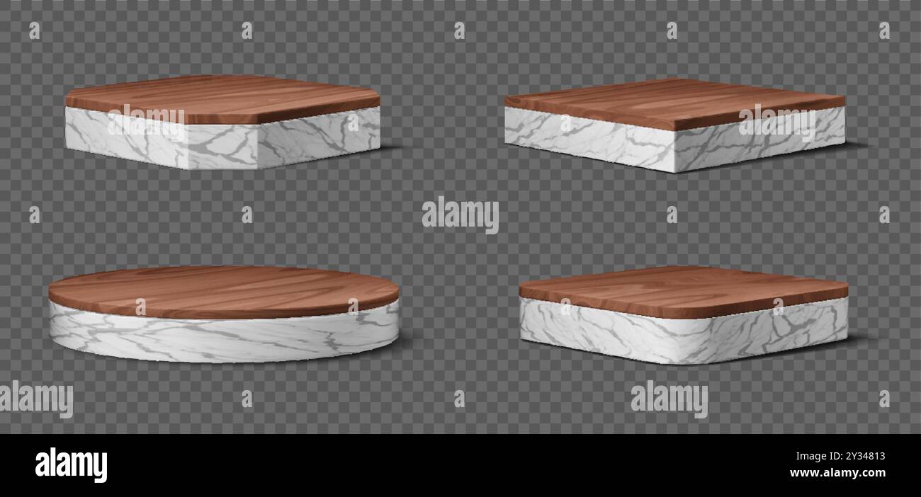 Marble podium stages with wooden platform. Isolated 3d vector geometric ...