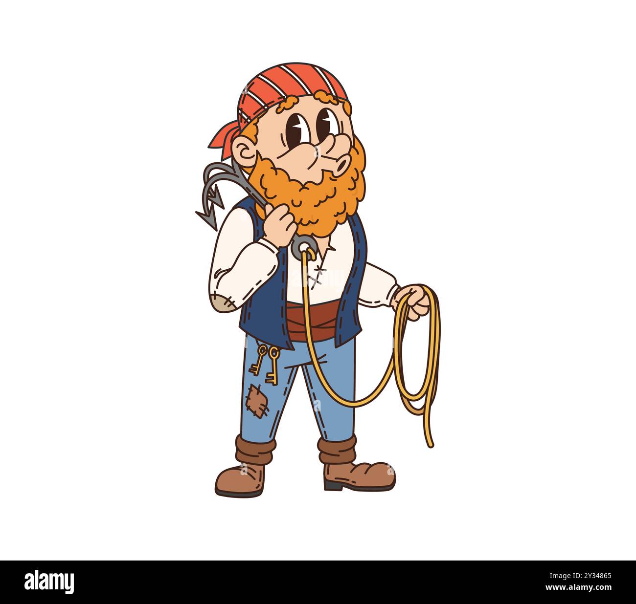 Cartoon groovy pirate and corsair character. Isolated vector rugged sailor personage with a red ...