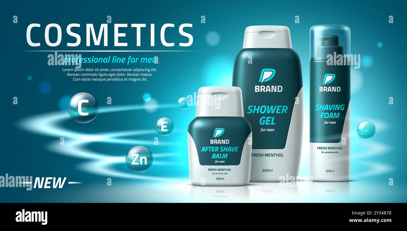 Men cosmetic products, shower gel with shaving foam and after shave ...