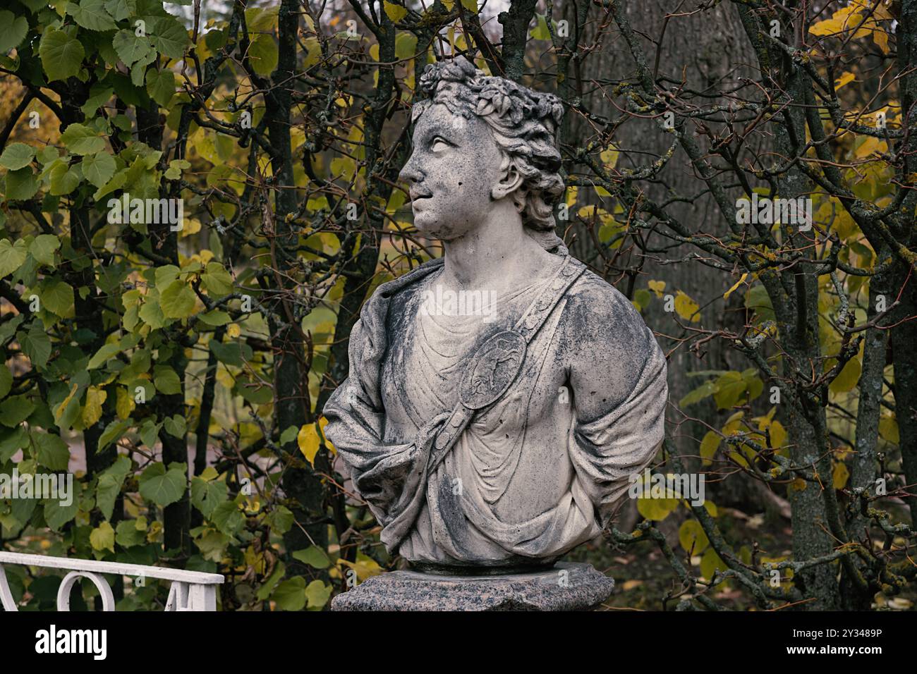 A marble statue of a classical figure in a park, surrounded by trees ...