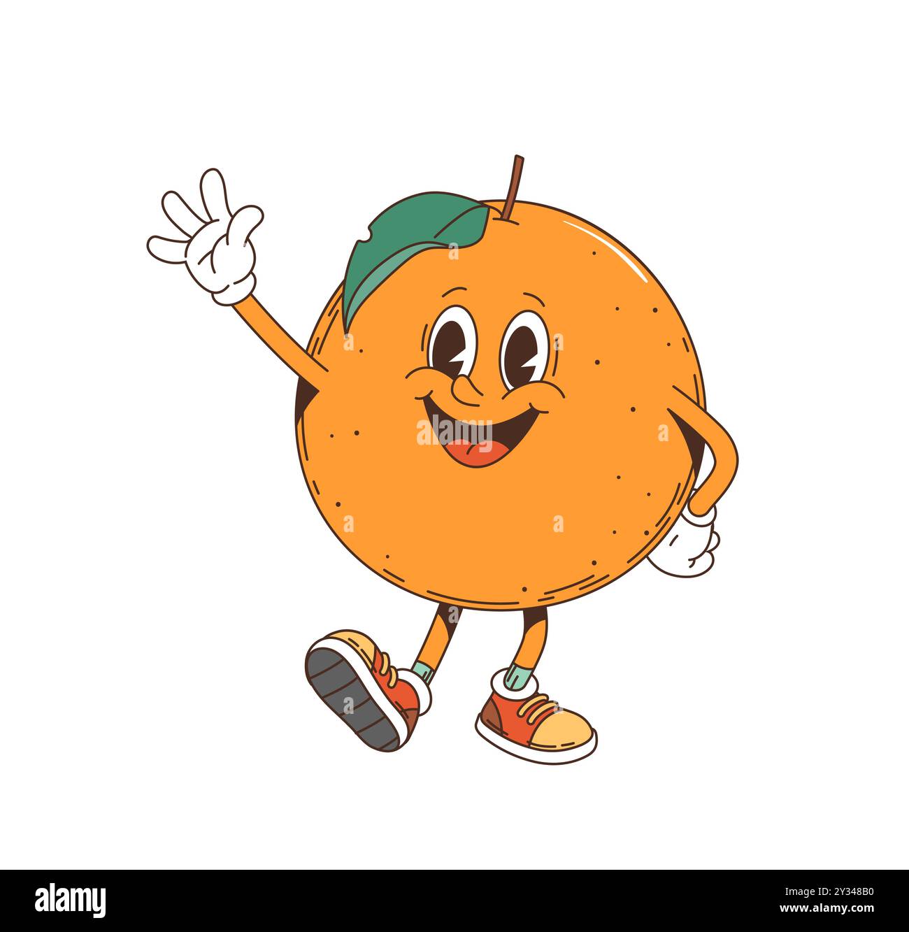 Cartoon groovy tangerine retro character with a big smile, waving hand ...