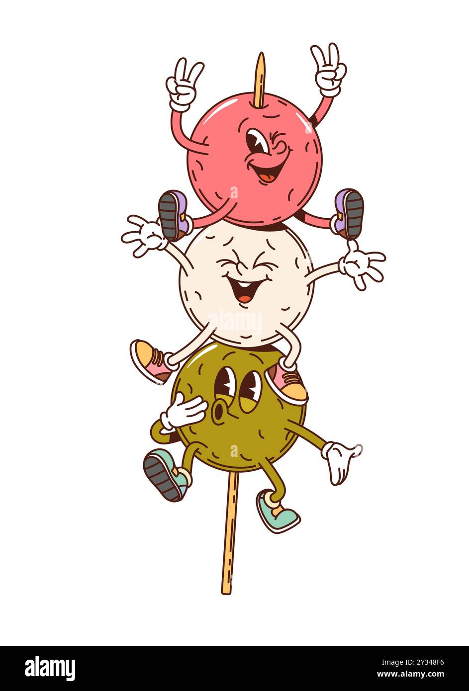 Cartoon groovy japanese hanami dango dessert characters on stick ...