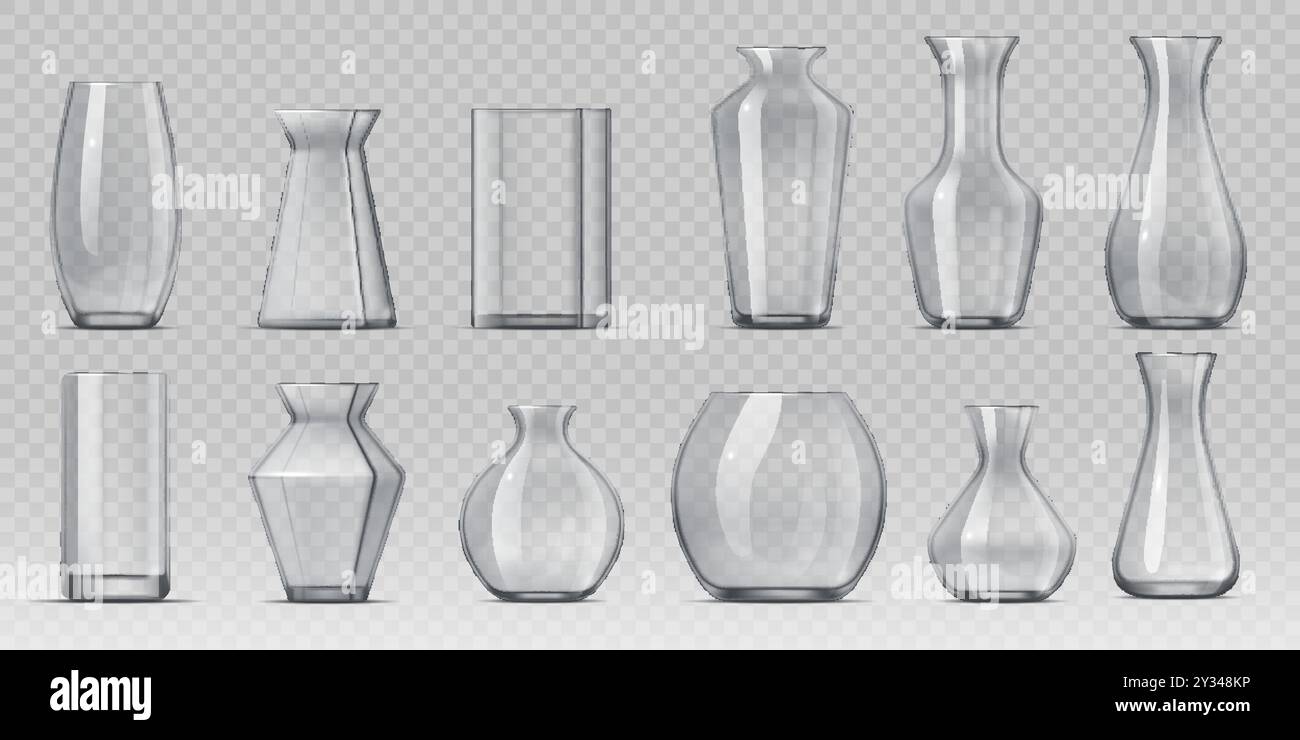 Realistic glass flower vases, 3d vector transparent bowls and ...