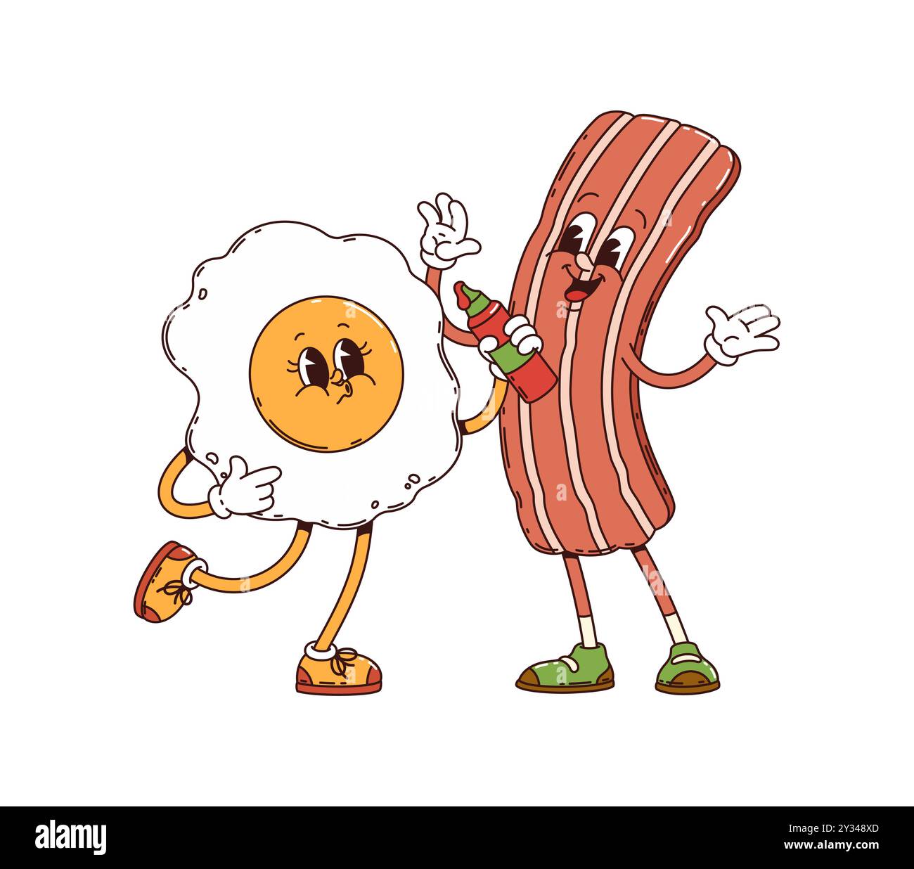 Retro groovy breakfast bacon and fried egg characters with ketchup ...