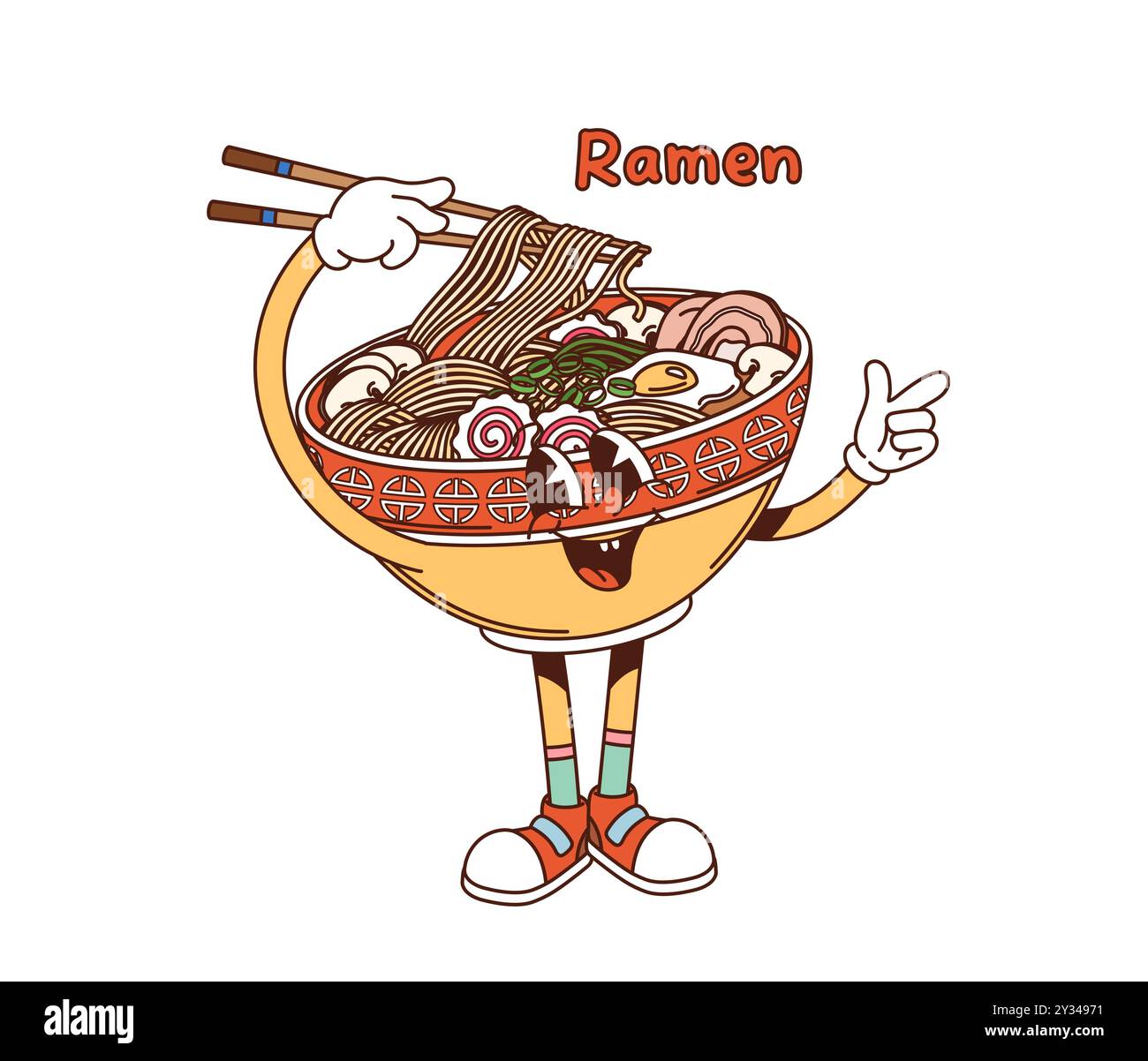 Cartoon groovy Korean ramen character. Playful bowl with noodles ...