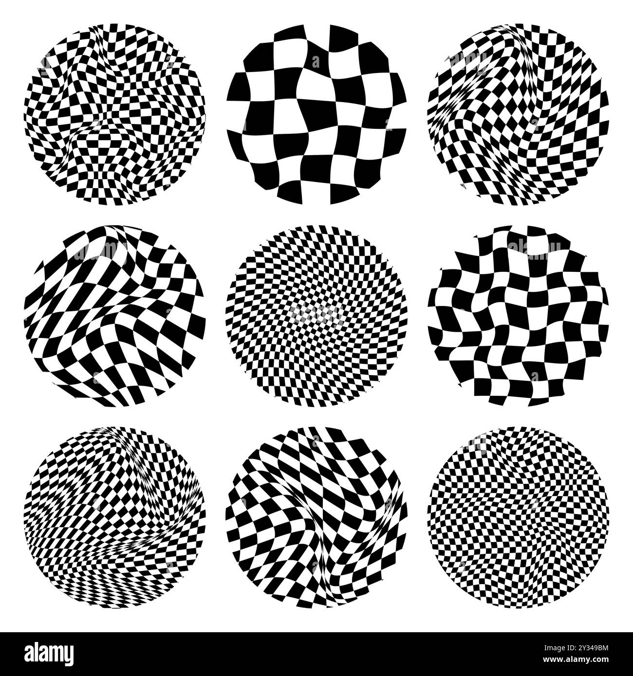 Trendy round checkered pattern, distorted tiled grid. Wavy curved backdrop, distortion effect ...