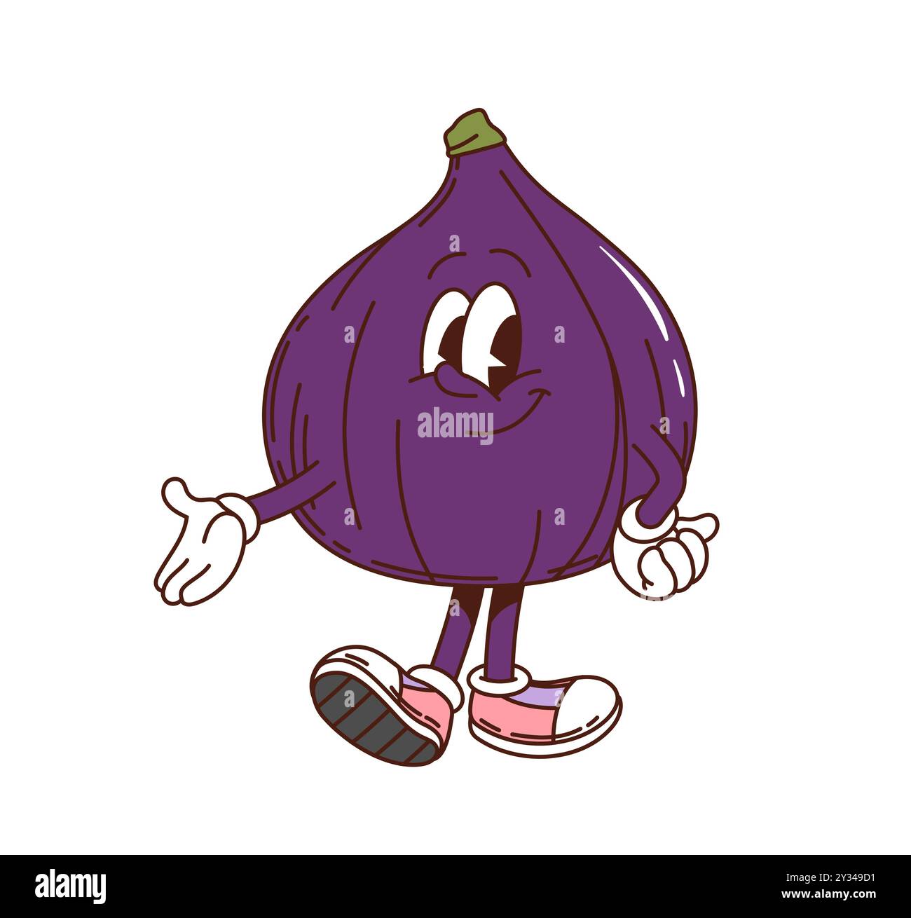 Cartoon groovy fig fruit character with expressive eyes, gloves, and ...