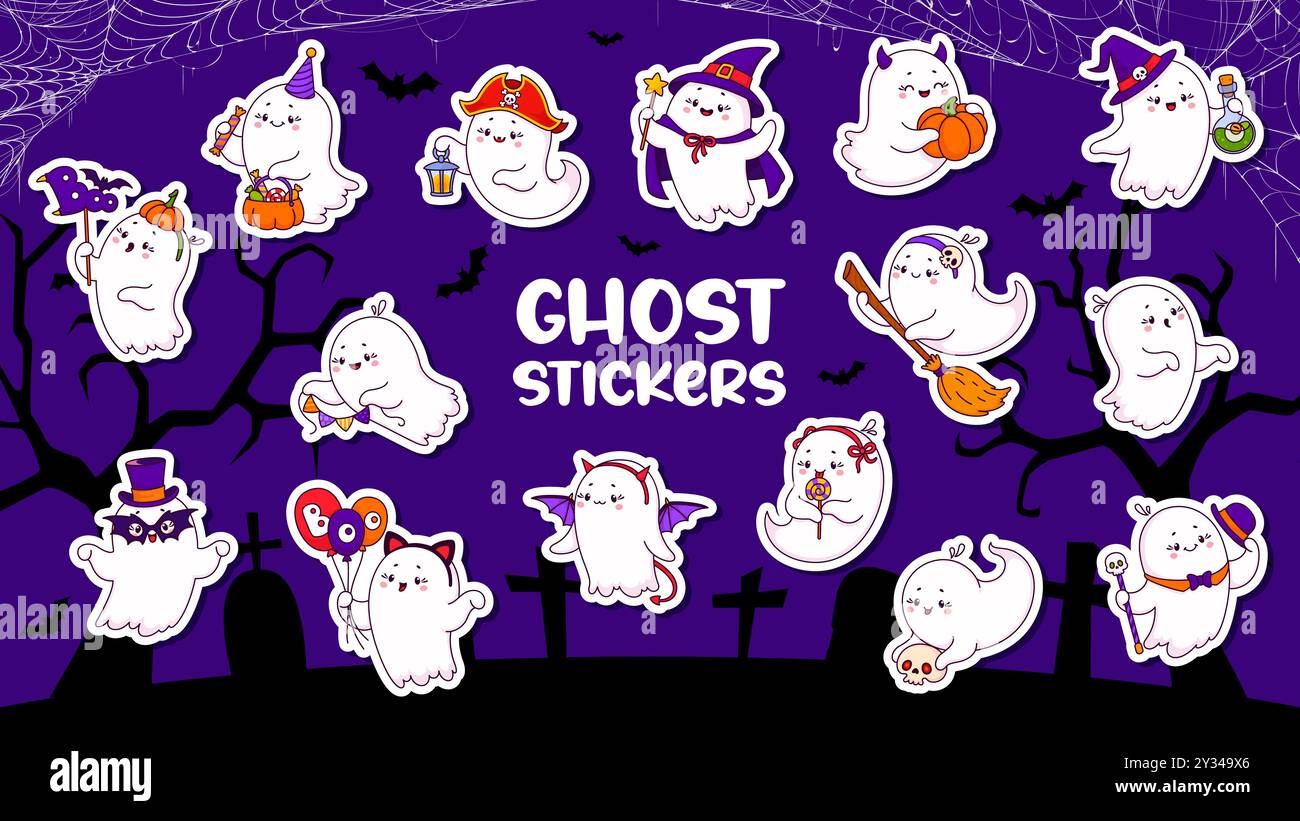 Kawaii Halloween ghost characters stickers pack. Cute and playful ...