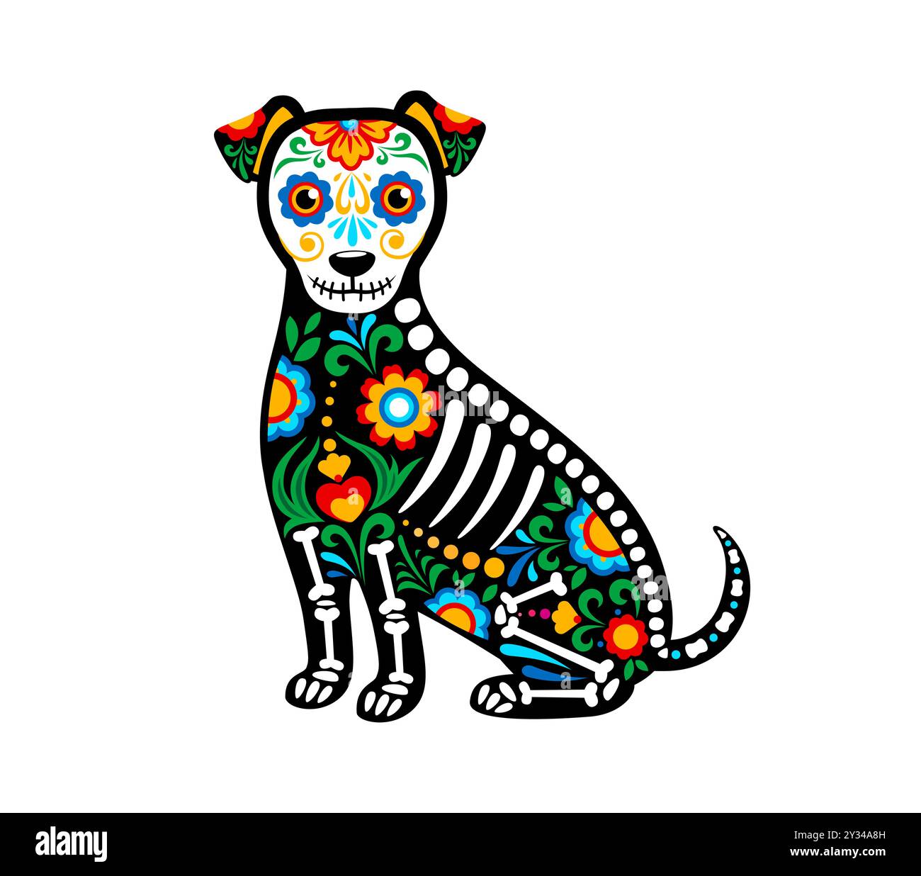 Day of the dead Mexican dog animal skeleton tattoo with vibrant traditional patterns and ...