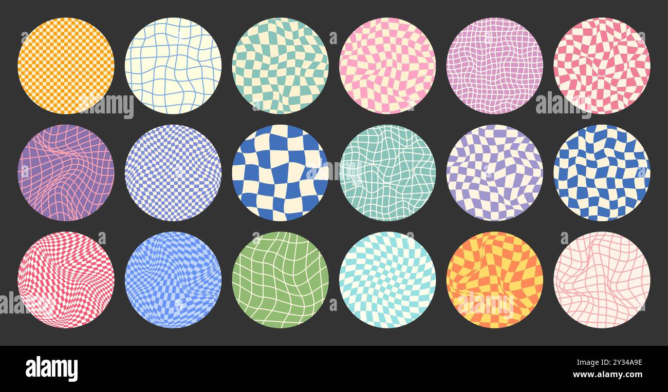 Groovy checkered pattern, round colorful tiled grid. Vintage wavy ...