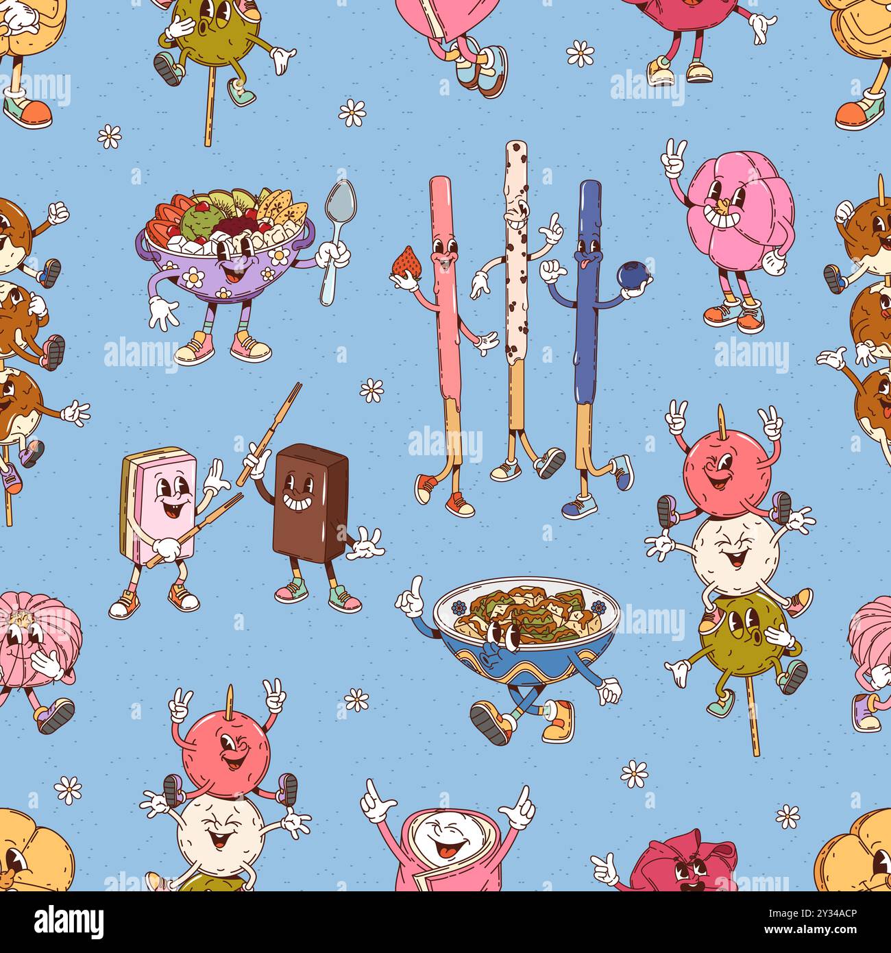 Groovy Japanese desserts characters seamless pattern, featuring fun ...