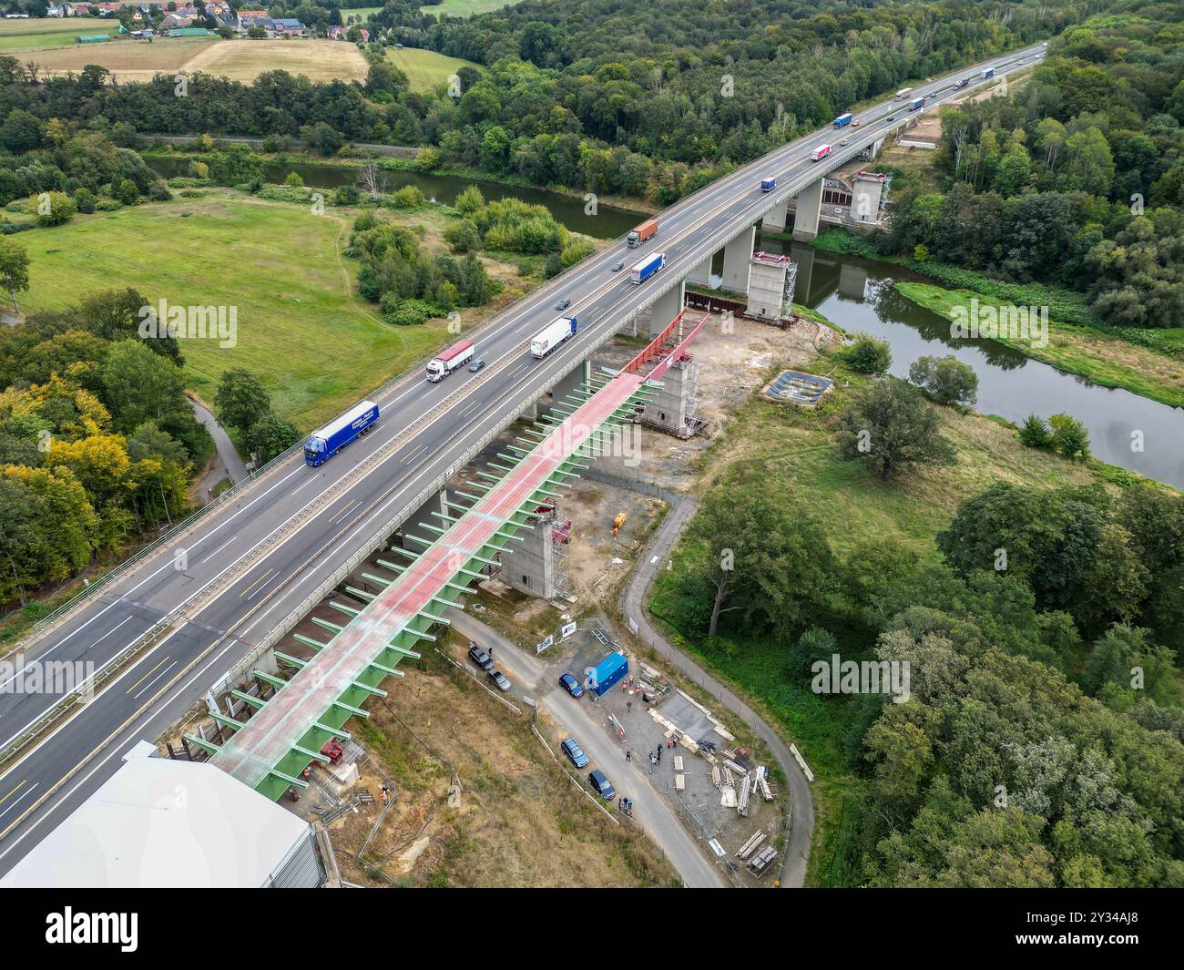 12 September 2024, Saxony, Grimma: The new Mulde bridge on the A14 near ...
