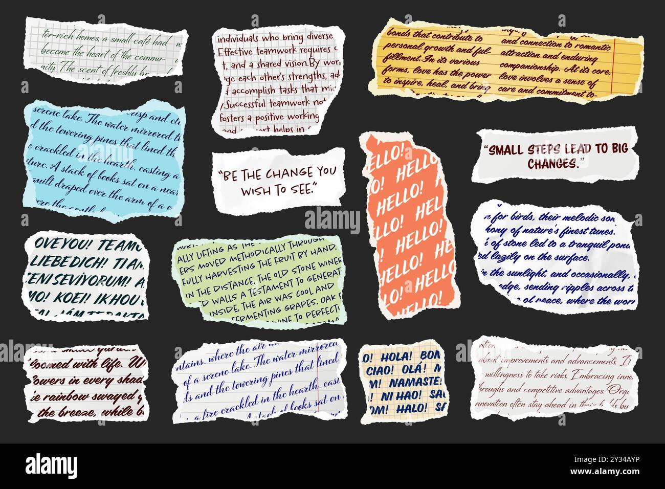 Ripped paper strips with handwritten text. Realistic crumpled paper ...