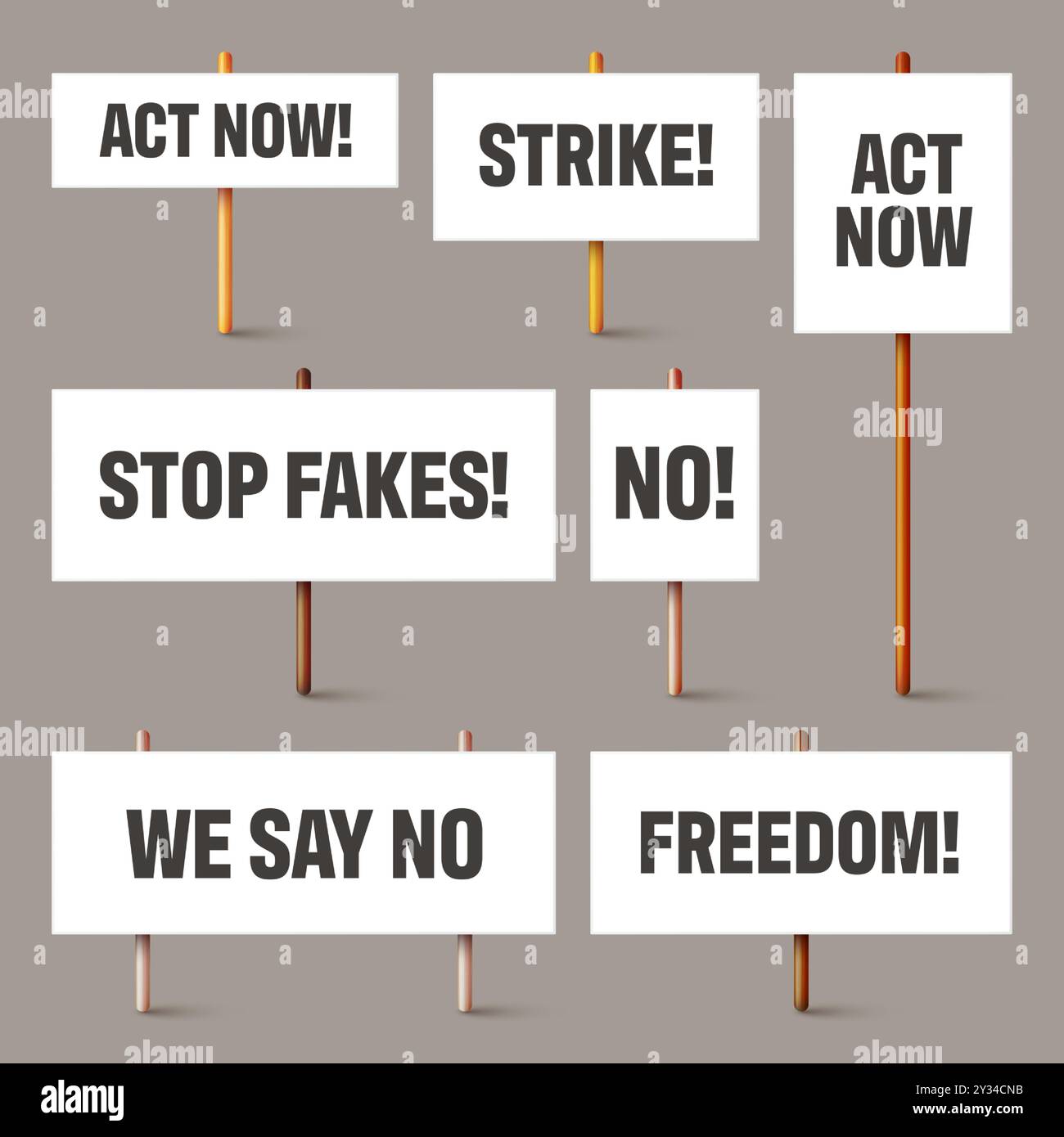 Blank white protest signs with text slogans on wooden holder. Various ...